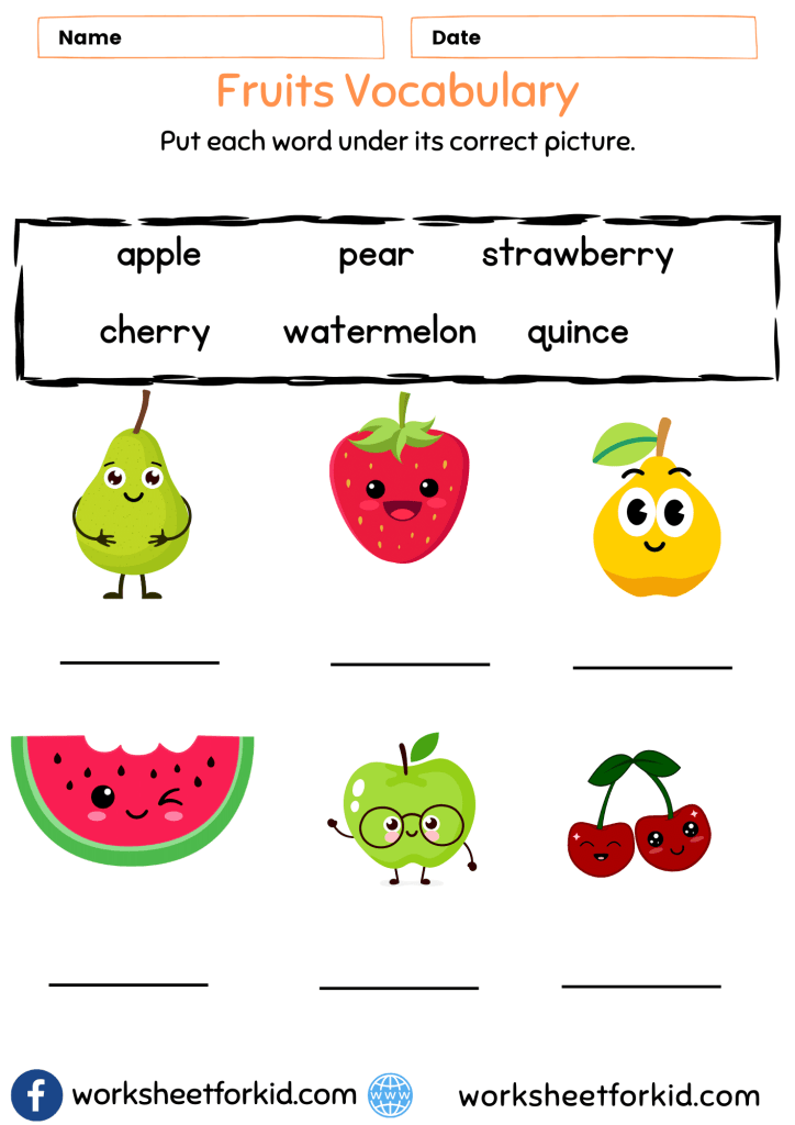 Fruits Vocabulary Worksheet PDF-1 - WorksheetForKid