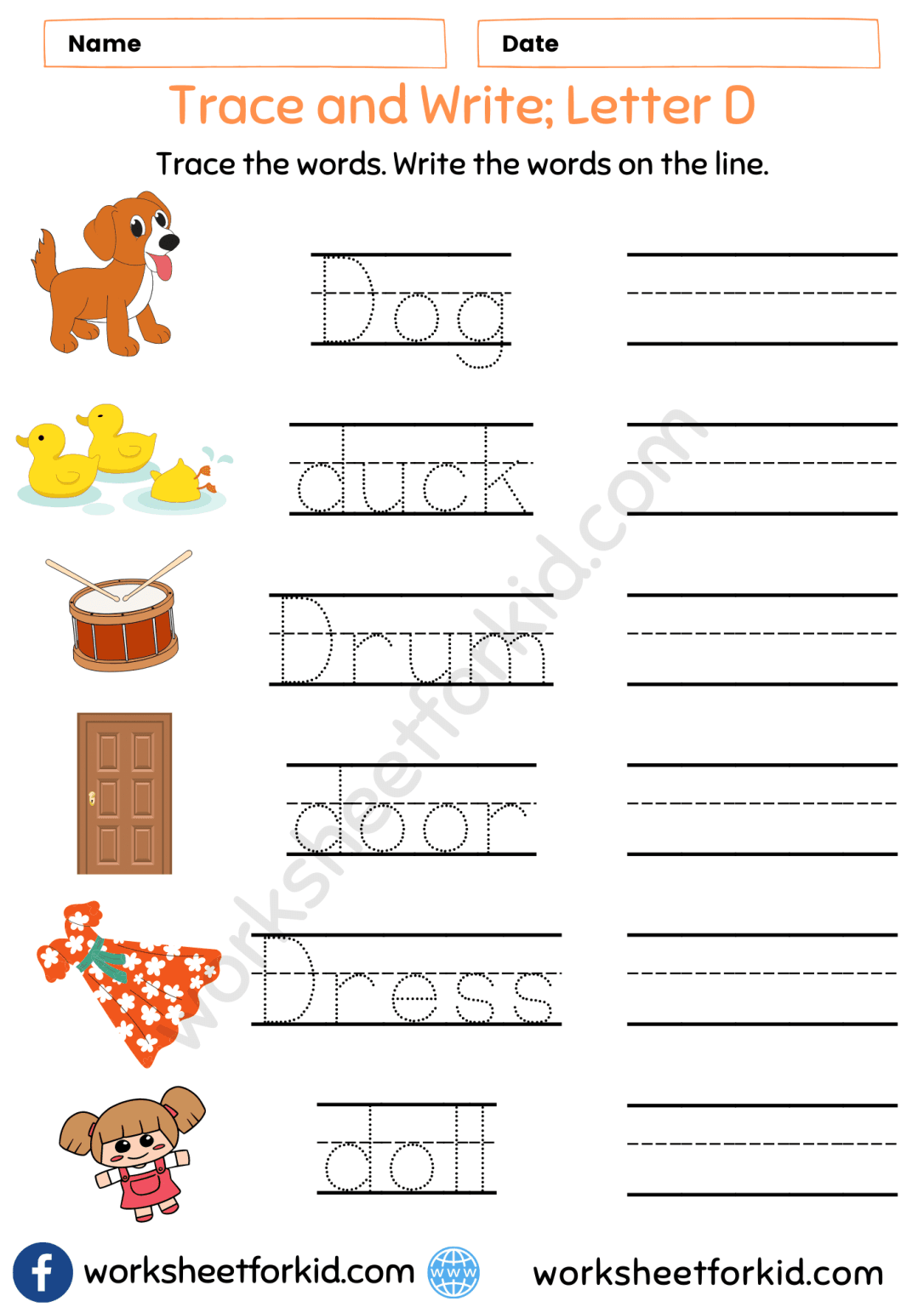 Trace and Write Words Worksheet-Letter D – WorksheetForKid