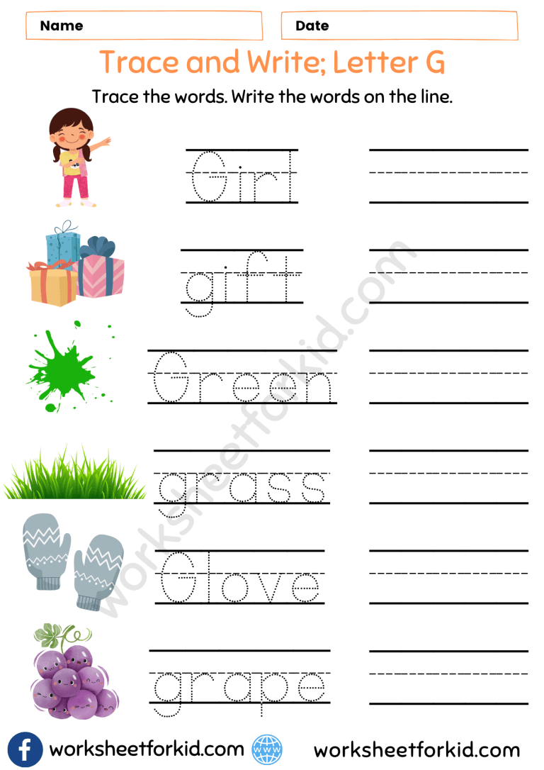 Trace and Write Words Worksheet-Letter G - WorksheetForKid