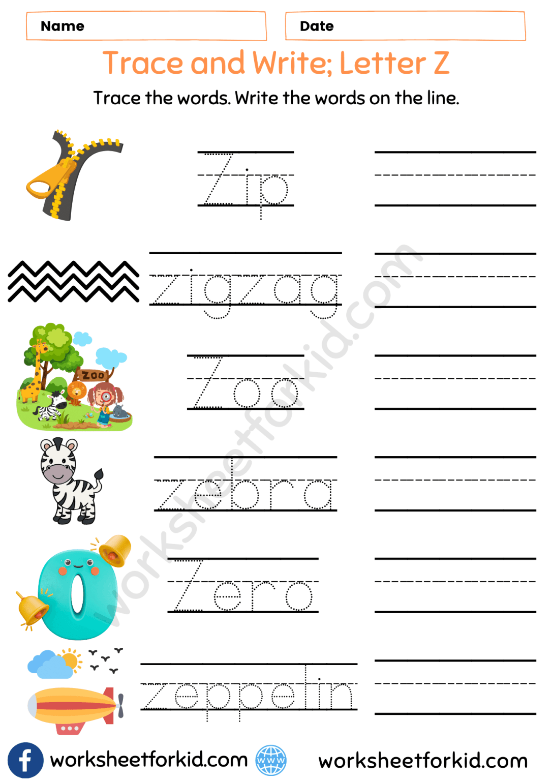 Trace and Write Words Worksheet-Letter Z - WorksheetForKid